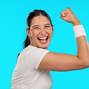 Woman, face and exercise for flexing, strong arms and muscle for smile ...