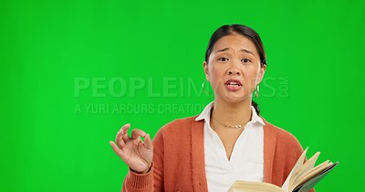 Green screen, woman face and teacher with book and hand pointing to ...