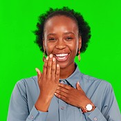 Happy, sign language and face of black woman on a green screen for ...