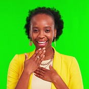 Green screen, thank you and black woman face with sign language, smile ...