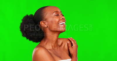 Green screen face, skincare and black woman excited over cosmetics ...