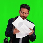 Businessman, walking and falling with papers on green screen in rush or ...