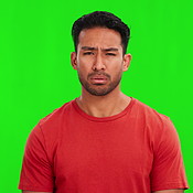 Face, confused and shock with a man on a green screen background in ...