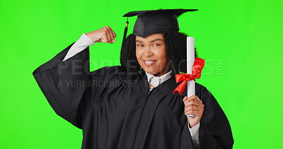 Graduation cap, green screen and woman face isolated on studio ...