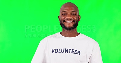 Face, volunteer and man thinking, green screen and opportunity against ...