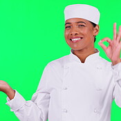 Green screen, chef and hand sign for ok, menu and presentation of ...