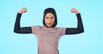 Face, arms crossed and muslim woman in studio isolated on a blue ...
