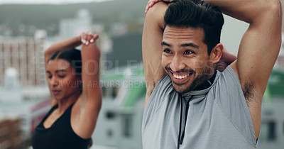 Asian man, fitness and jumping rope on rooftop in city for workout ...