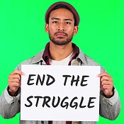 Young man, protest poster and green screen to end poverty, human rights ...