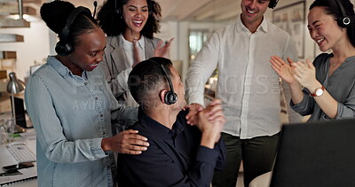 Call center, clapping and people winning, success and celebration on ...