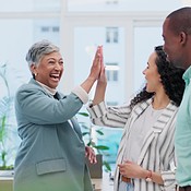 Teamwork high five, team leader and business people celebrate success ...