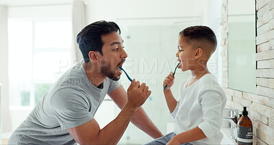 Father, kid and how to brush teeth in bathroom for hygiene, morning ...