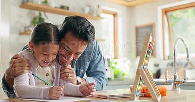 Homework, father and girl with education, teaching and conversation ...
