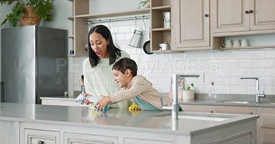 Teamwork, kids learning or parents washing dishes with support for ...