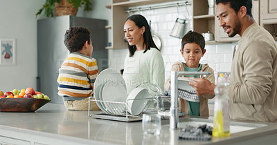Teamwork, kids learning or parents washing dishes with support for ...