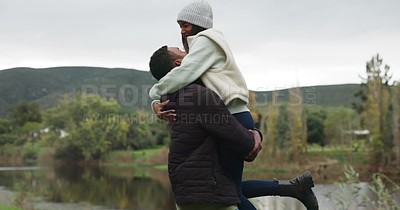 Couple, man lifting woman with hug and happiness outdoor, love and ...