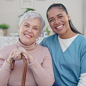 Caregiver portrait, disabled and elderly woman with walking stick for ...