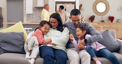 Jump, hug and family on a sofa with love, happy and bonding in their ...