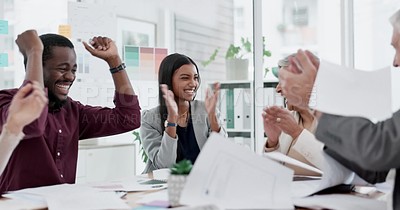 Happy business people, documents and applause for achievement, finish ...