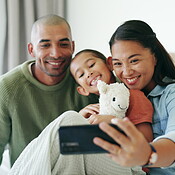 Mom, dad and selfie of girl in bedroom, home or happy family together ...