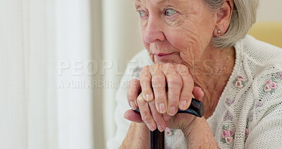 Senior woman, face and thinking by window at home to remember memory and relax in retirement ...