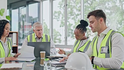 Engineer, meeting and office team conversation, cooperation or planning ...