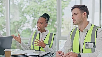 Engineer, meeting and office team conversation, cooperation or planning ...