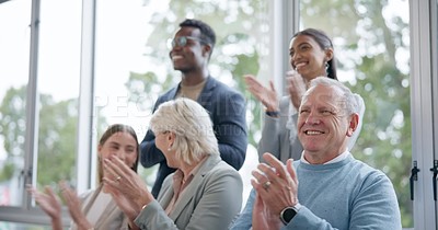 Applause, happy and business people in a seminar at work with ...