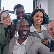Selfie, silly and group of business people in the office for team ...