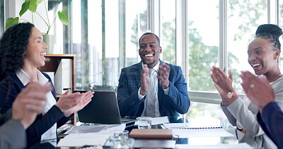 Business people, applause and meeting for team success, promotion or ...