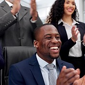 Happy, applause and group of business people in office in celebration ...