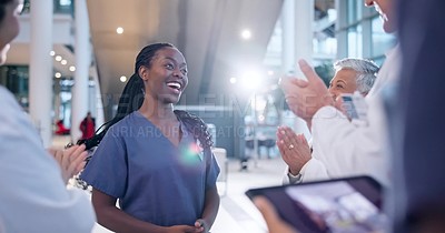 Healthcare, woman doctor and clapping with tablet and success in ...