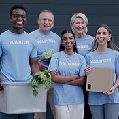 Volunteering, donation and charity group, happy people or team with ...