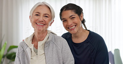 Happy, portrait of mom and grandmother in home with a smile for family ...