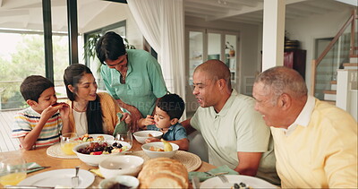 Family, eating together and generations, happiness and people at home ...
