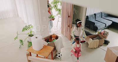 Children, moving in and running in family home with boxes and plants at ...