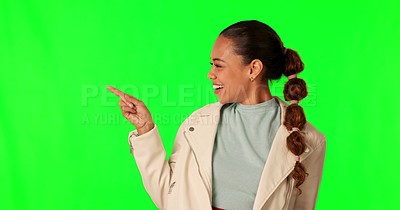 Green screen, hand pointing and female in studio with quote, comparison or promo on mockup ...