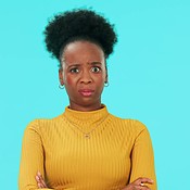 Portrait of black woman in doubt, confusion and angry head shake in no ...