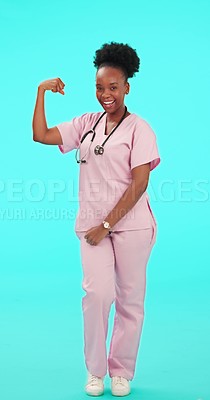 Face, nurse and flexing muscle with healthcare, strong and happiness ...