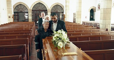 Funeral, sad and death with old man crying in church for farewell ...