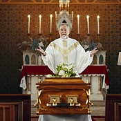 Coffin, church and priest at funeral service, blessing or family to ...