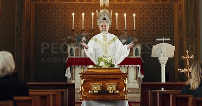 Funeral, grief and death with old woman in church for farewell ...