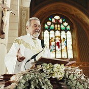 Holy man, priest and preaching in church on podium for support, trust ...