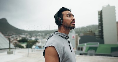 Asian man, fitness and jumping rope on rooftop in city for workout ...