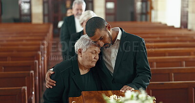 Funeral, sad and death with old man crying in church for farewell ...