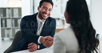 Smile, meeting and business people with a handshake in an interview for ...