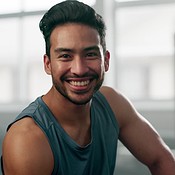 Fitness, face and young man in the gym after a strength training ...