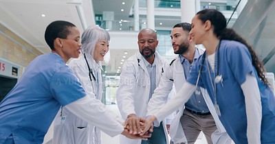 Doctors, hands together and teamwork for healthcare success, applause and hospital motivation in ...