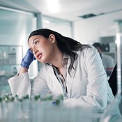 Tired, science and bored with woman in laboratory for research ...