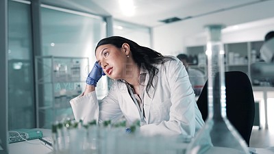 Tired, science and bored with woman in laboratory for research ...